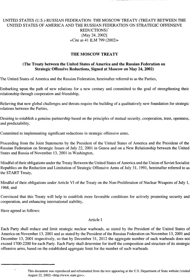 United States (U.S.)-Russian Federation:The Moscow Treaty (Treaty ...