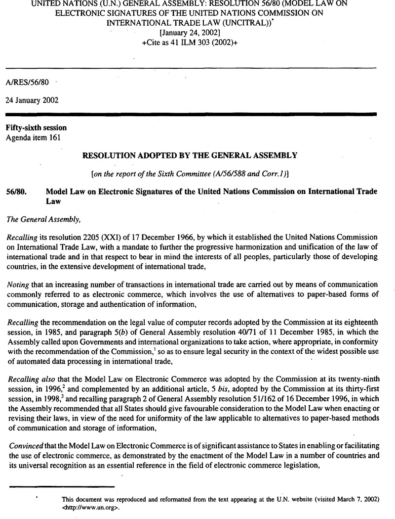 United Nations (U.N.) General Assembly: Resolution 56/80 (Model Law on ...