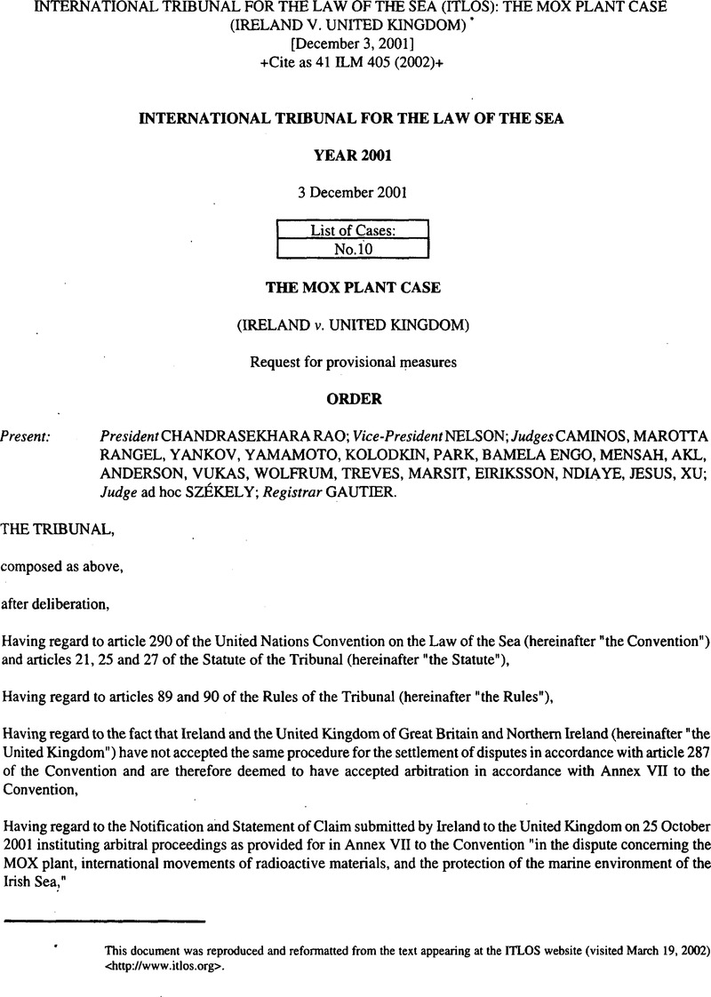 International Tribunal for the Law of the Sea (ITLOS): The Mox Plant ...