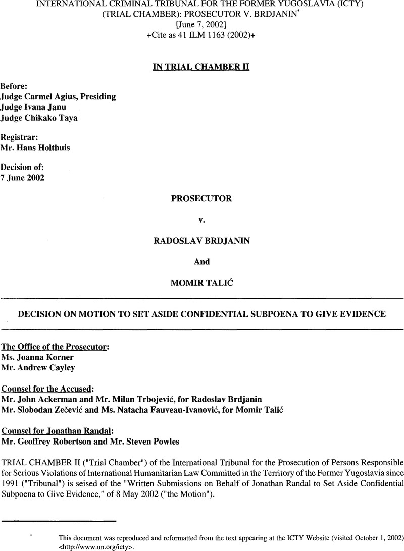 International Criminal Tribunal for the Former Yugoslavia (ICTY) (Trial ...