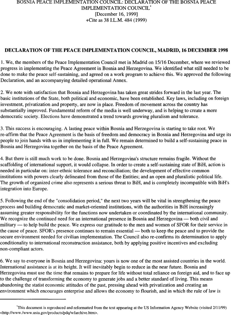 Bosnia Peace Implementation Council: Declaration of the Bosnia Peace ...