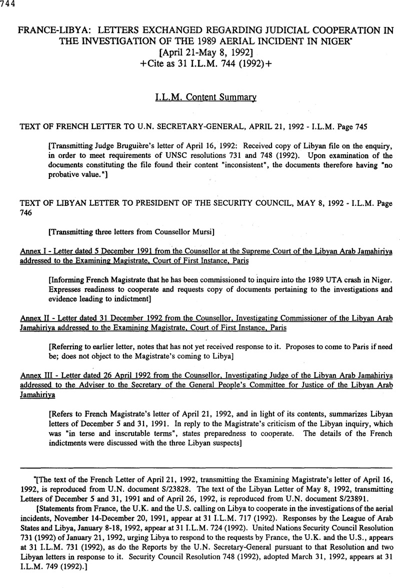 France-Libya: Letters Exchanged Regarding Judicial Cooperation in the ...