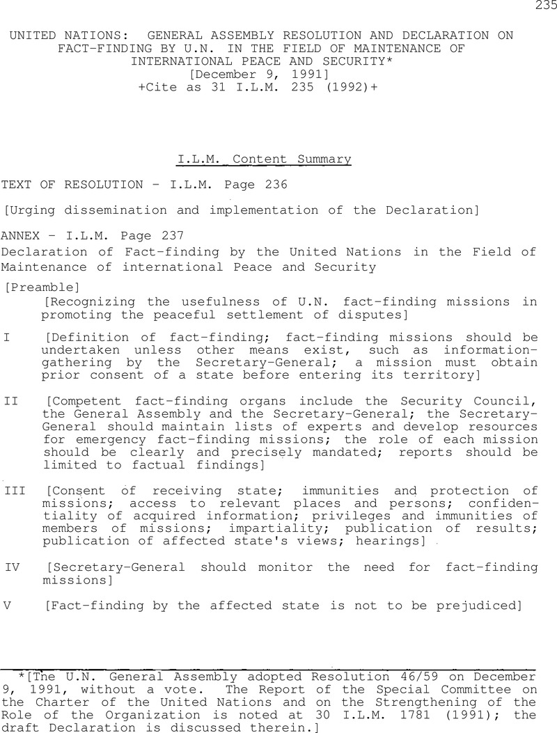 United Nations General Assembly: Resolution and Declaration on Fact ...