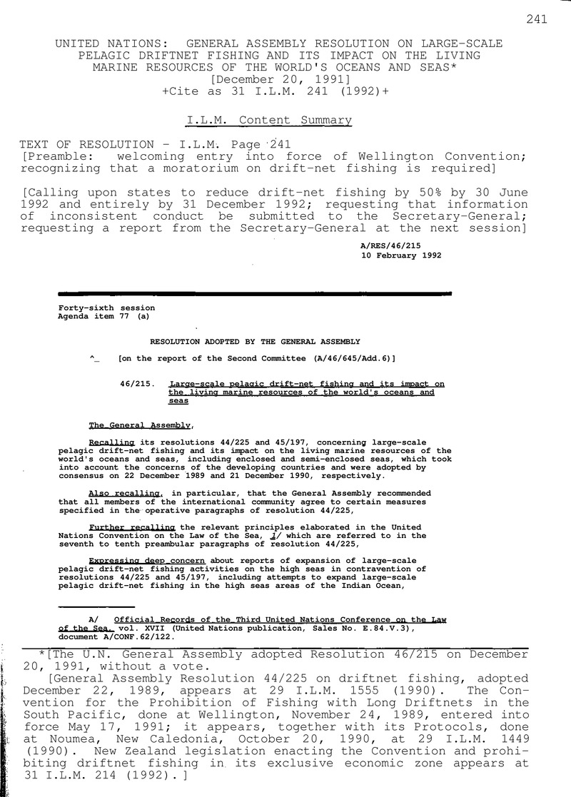 United Nations General Assembly: Resolution on Large-Scale Pelagic ...