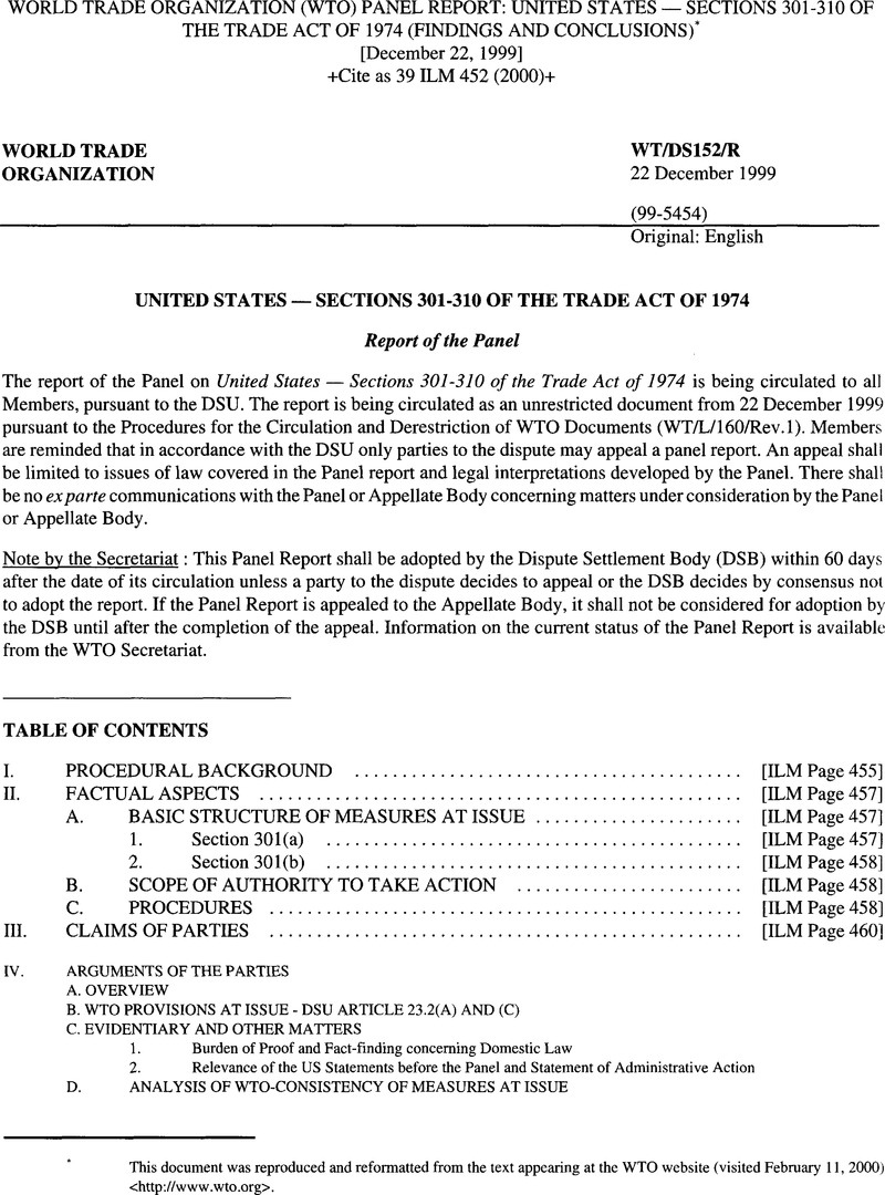 World Trade Organization (WTO) Panel Report: United States - Sections ...