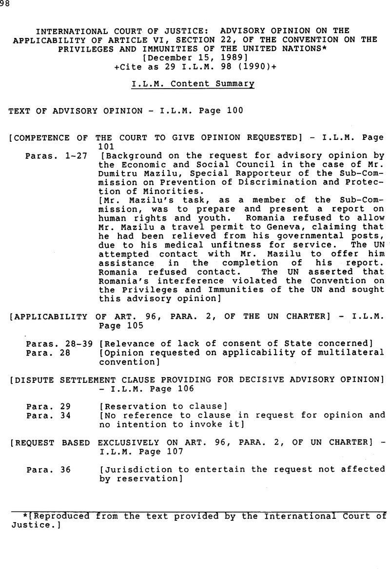 International Court of Justice: Advisory Opinion on the Applicability ...
