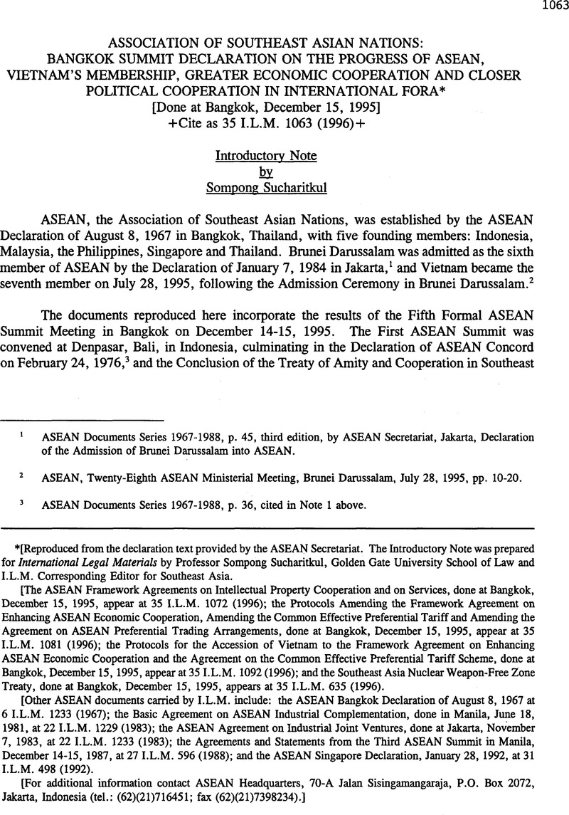 Association of Southeast Asian Nations: Bangkok Summit Declaration on ...