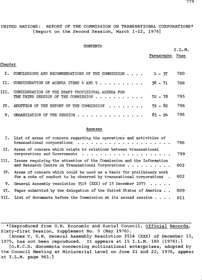 United Nations: Report of the Commission on Transnational Corporations ...