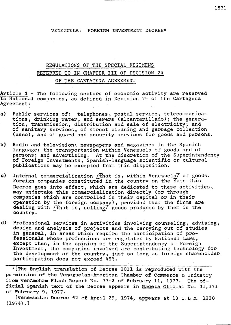 Venezuela: Foreign Investment Decree* | International Legal Materials ...