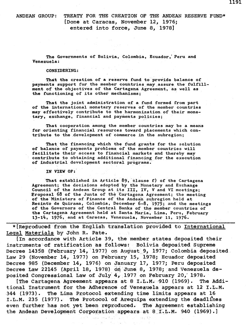 Andean Group: Treaty for the Creation of the Andean Reserve Fund ...