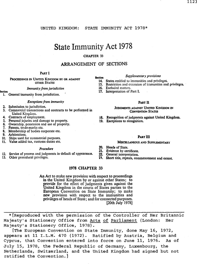 United Kingdom: State Immunity Act 1978 | International Legal Materials ...