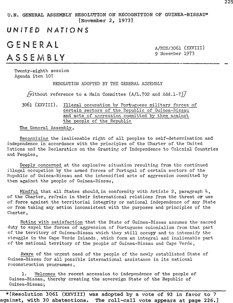 U.N. General Assembly Resolution on Recognition of Guinea-Bissau ...