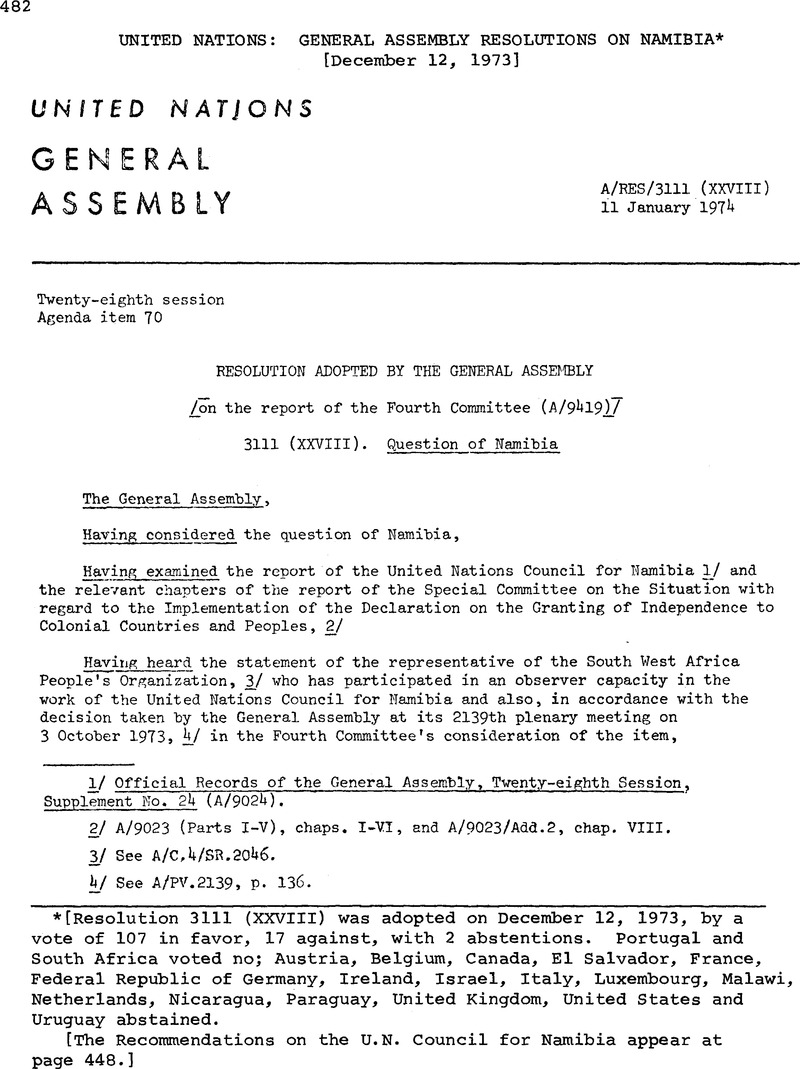 United Nations: General Assembly Resolutions on Namibia ...