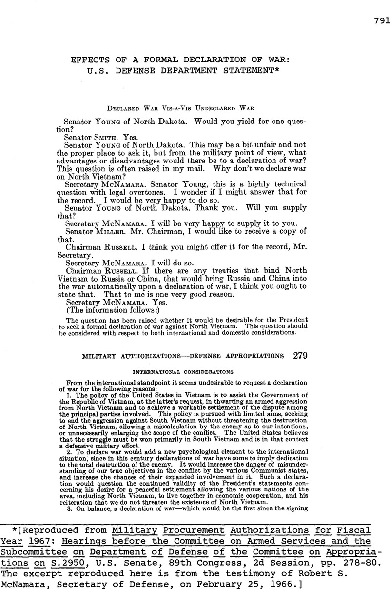 Effects of a Formal Declaration of War: U.S. Defense Department ...