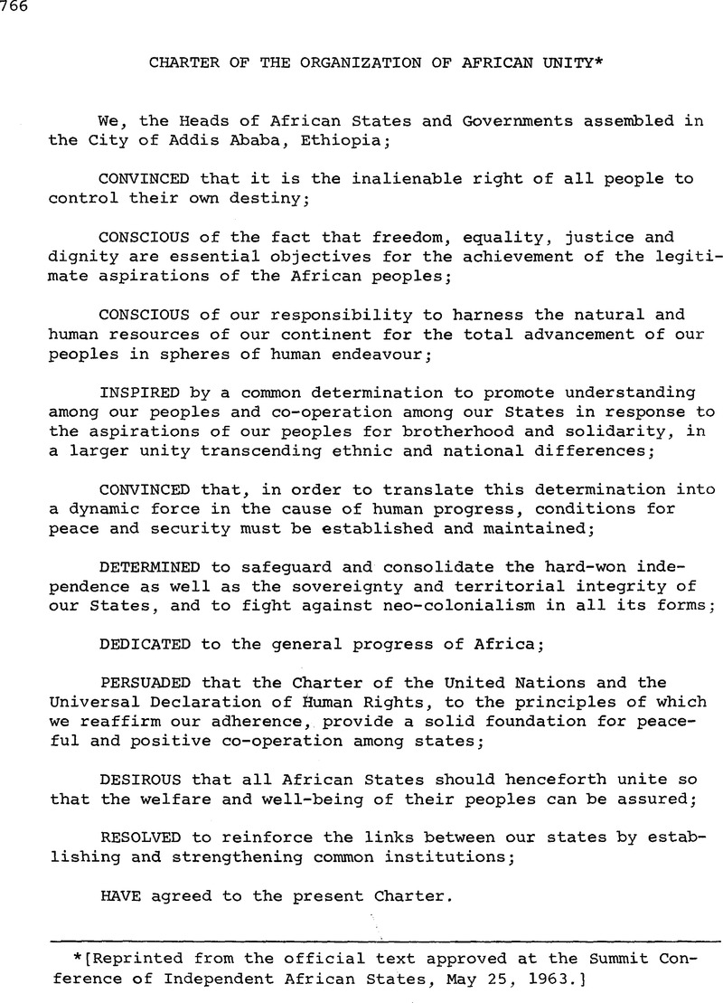 Charter of the Organization of African Unity* | International Legal ...