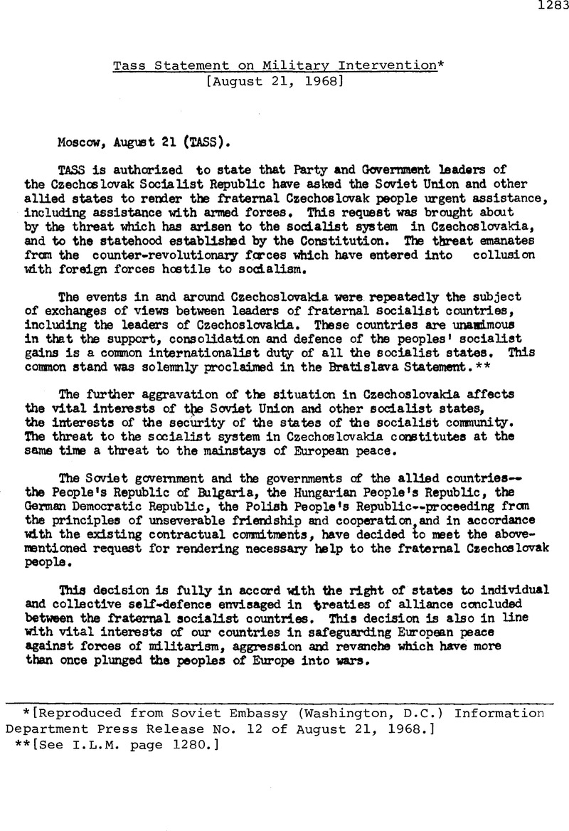 Tass Statement On Military Intervention International Legal Materials Cambridge Core