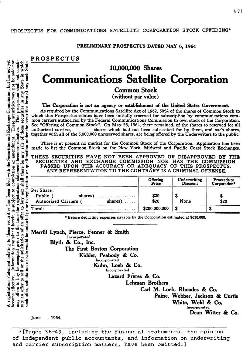 Prospectus for Communications Satellite Corporation Stock Offering ...
