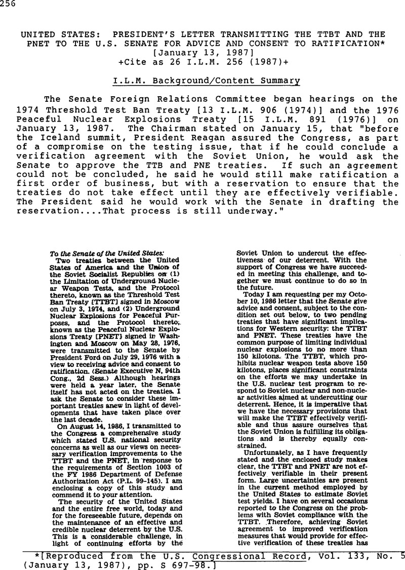 United States: President's Letter Transmitting The Ttbt And The Pnet To ...