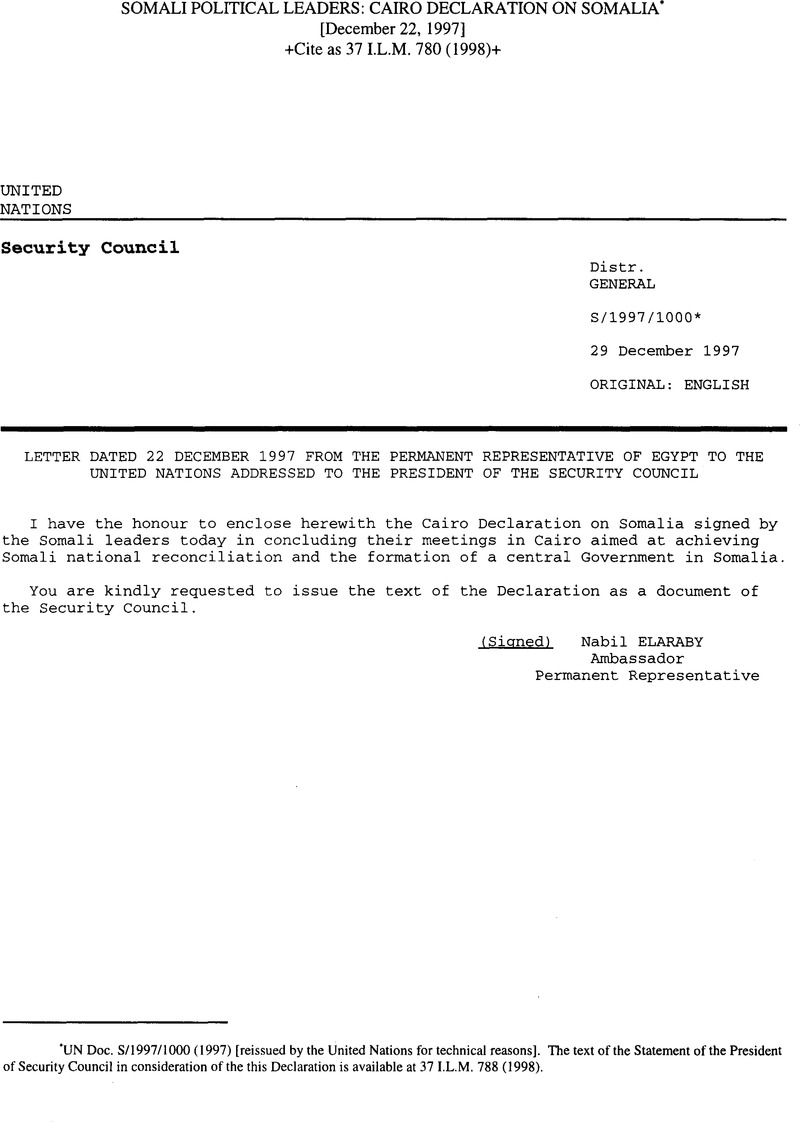 Somali Political Leaders: Cairo Declaration on Somalia | International ...