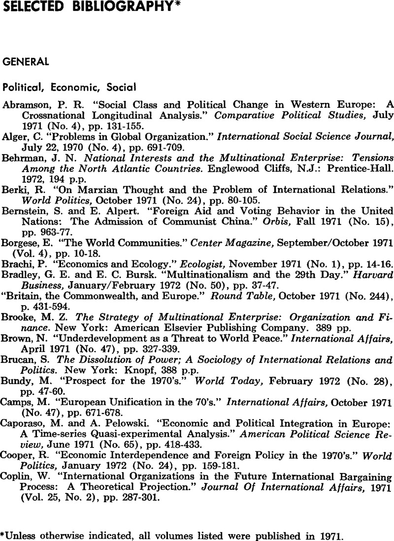 Selected Bibliography* | International Organization | Cambridge Core