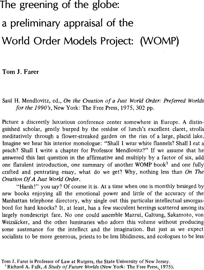 The greening of the globe: a preliminary appraisal of the World Order ...