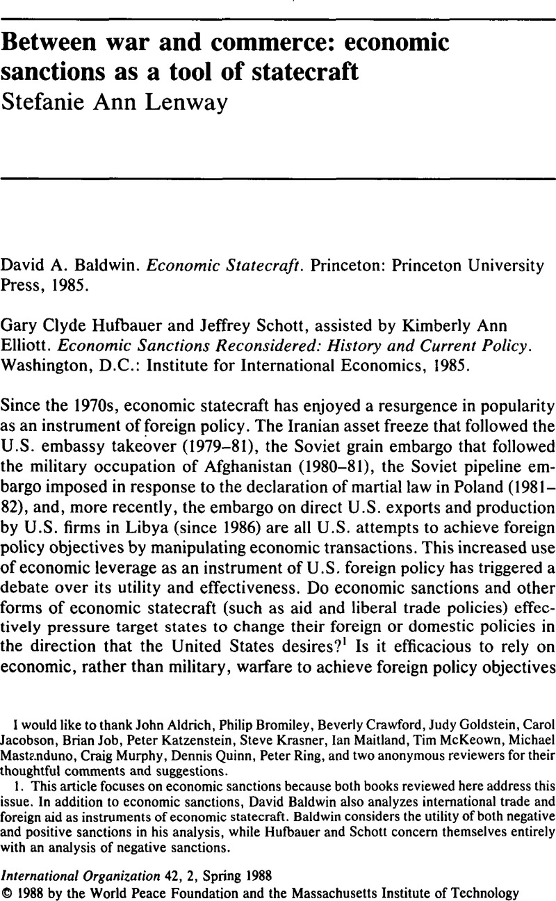 Between war and Commerce: economic sanctions as a tool of statecraft ...