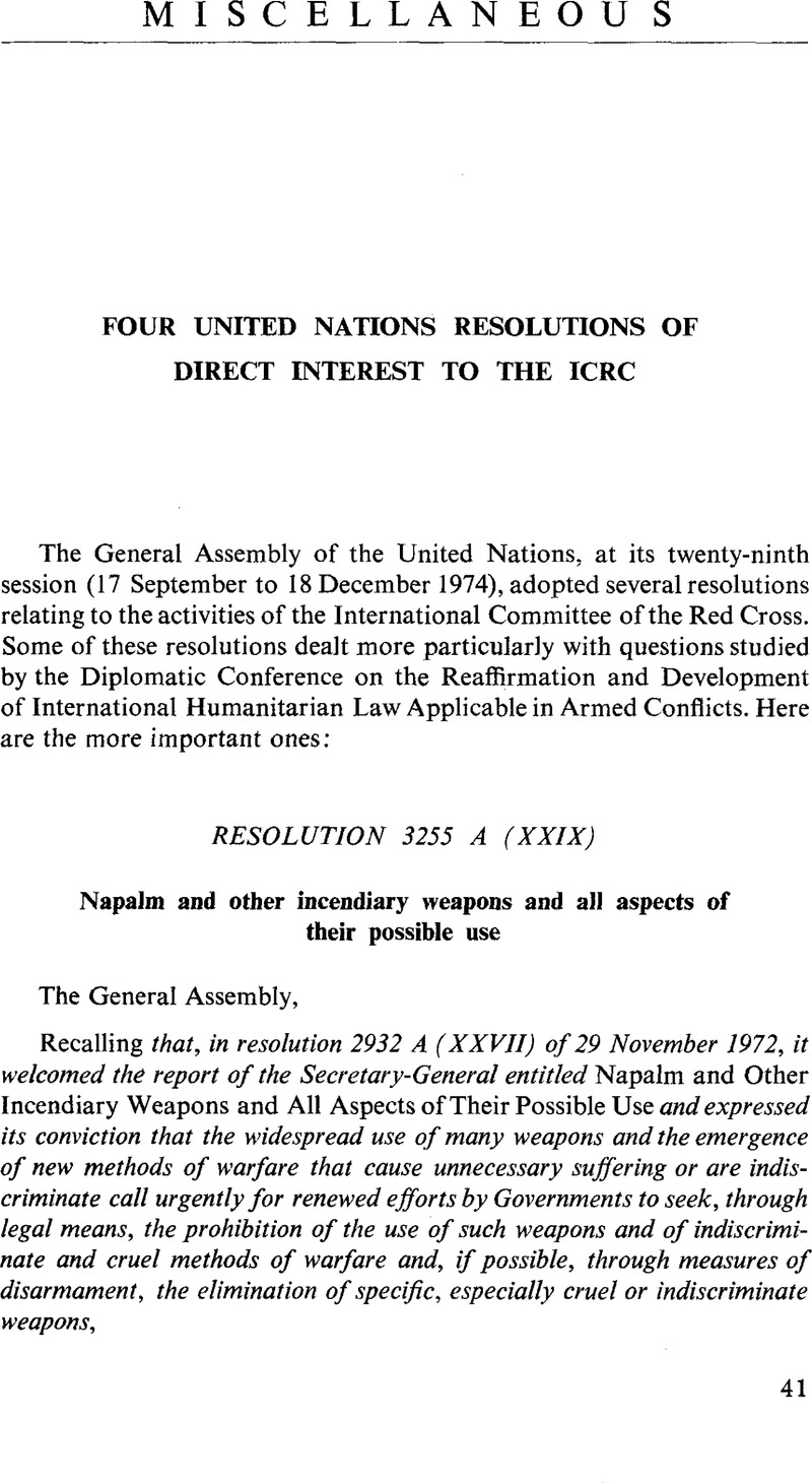 Four United Nations resolutions of direct interest to the ICRC ...