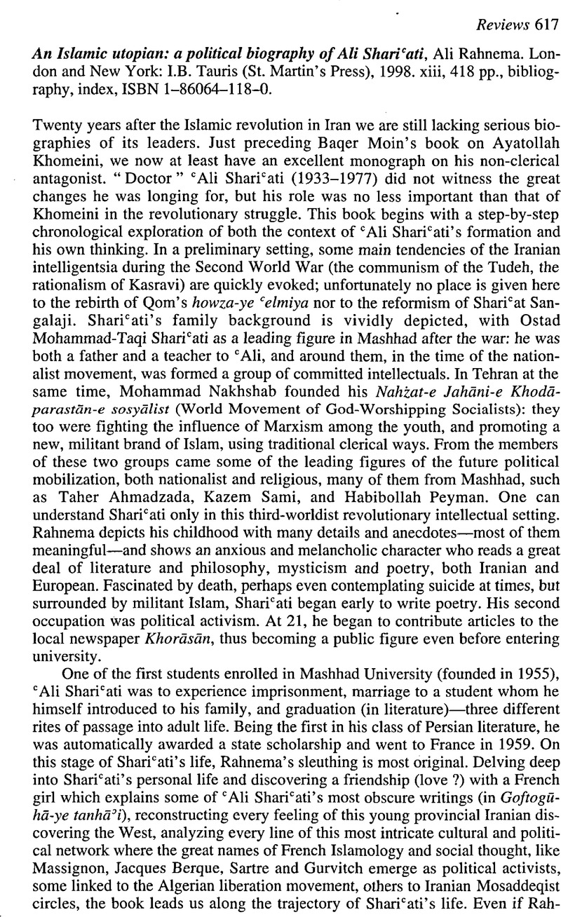 An Islamic Utopian: a political biography of Ali Shariᶜati Ali Rahnema ...
