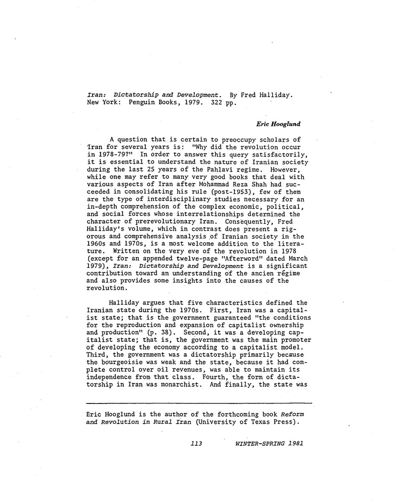 Iran: Dictatorship and Development. By Fred Halliday. New York: Penguin ...