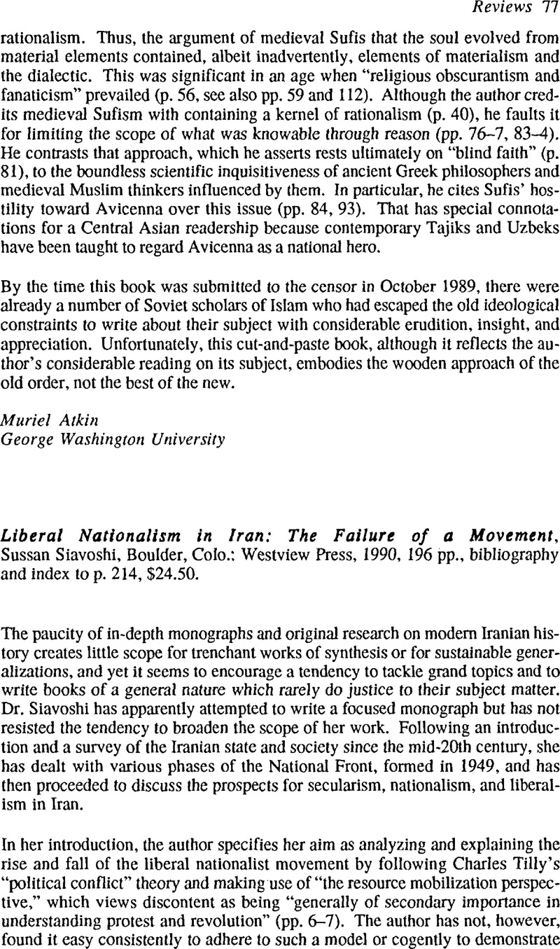 Liberal Nationalism in Iran: The Failure of a Movement, Sussan, Boulder ...