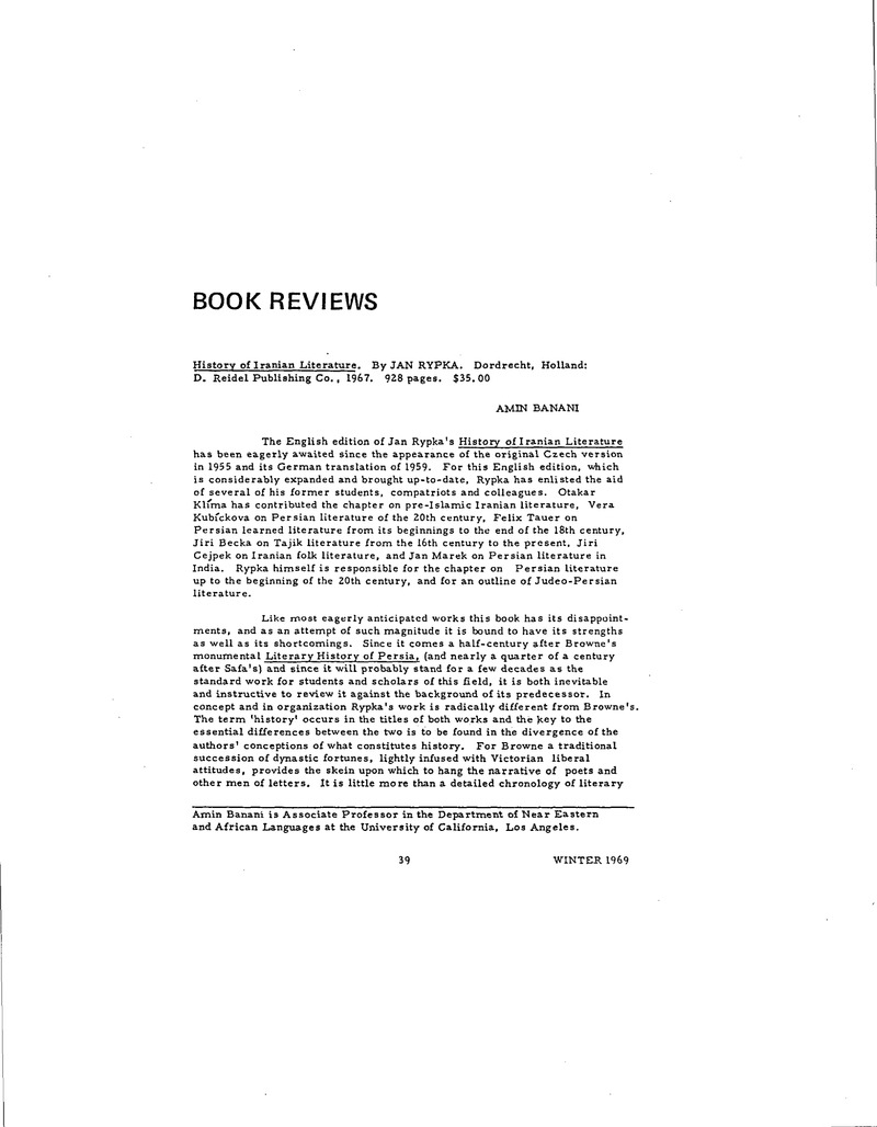 History of Iranian Literature. By Jan Rypka. Dordrecht, Holland: D ...