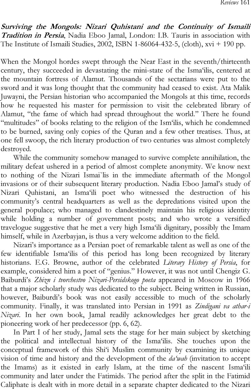 Surviving the Mongols: Nizari Quhistani and the Continuity of Ismaili ...