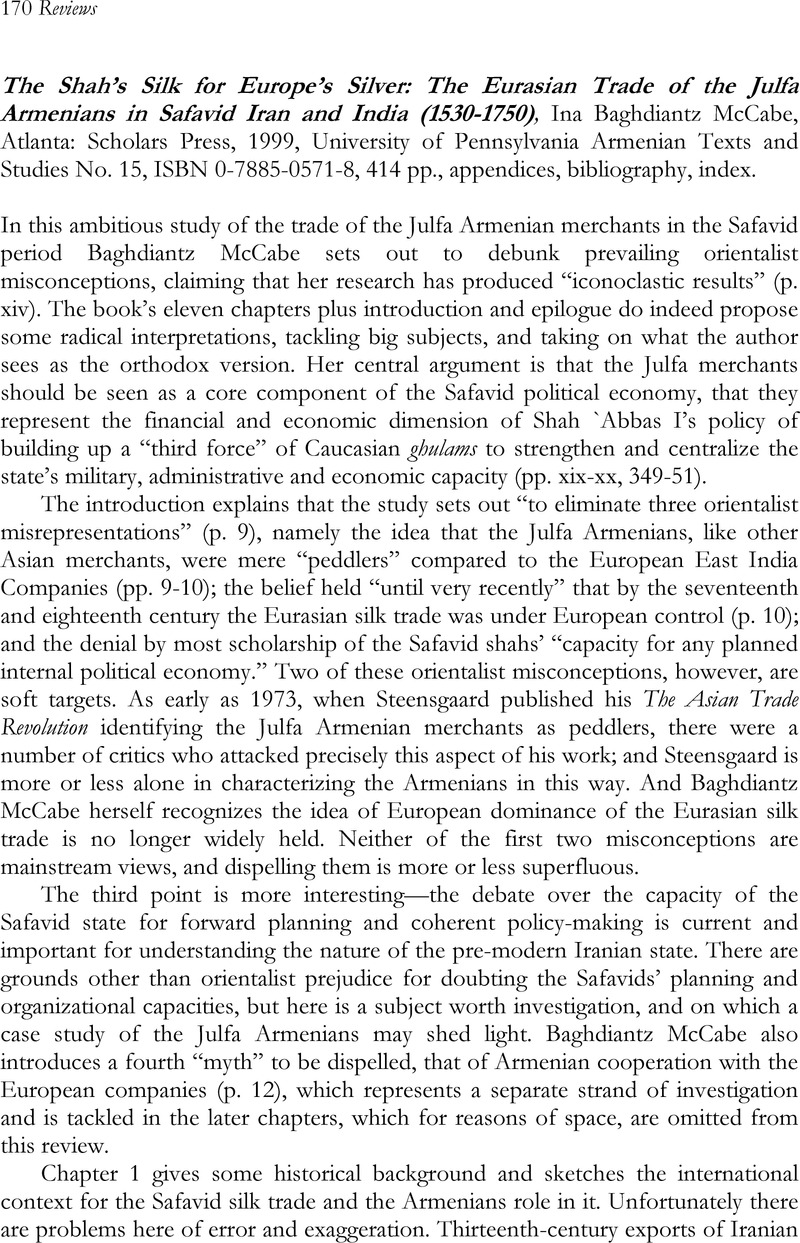 The Shah's Silk for Europe's Silver: The Eurasian Trade of the Julfa ...