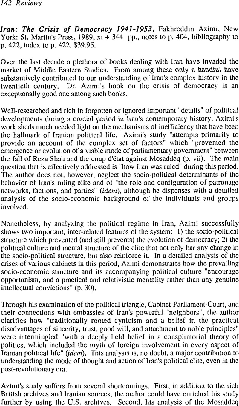 Iran: The Crisis of Democracy 1941–1953, Fakhreddin Azimi, New York: St ...