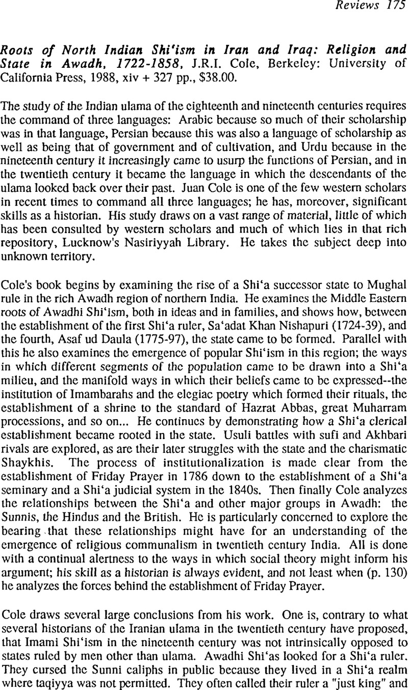 Roots of North Indian Shi'ism in Iran and Iraq: Religion and State in ...