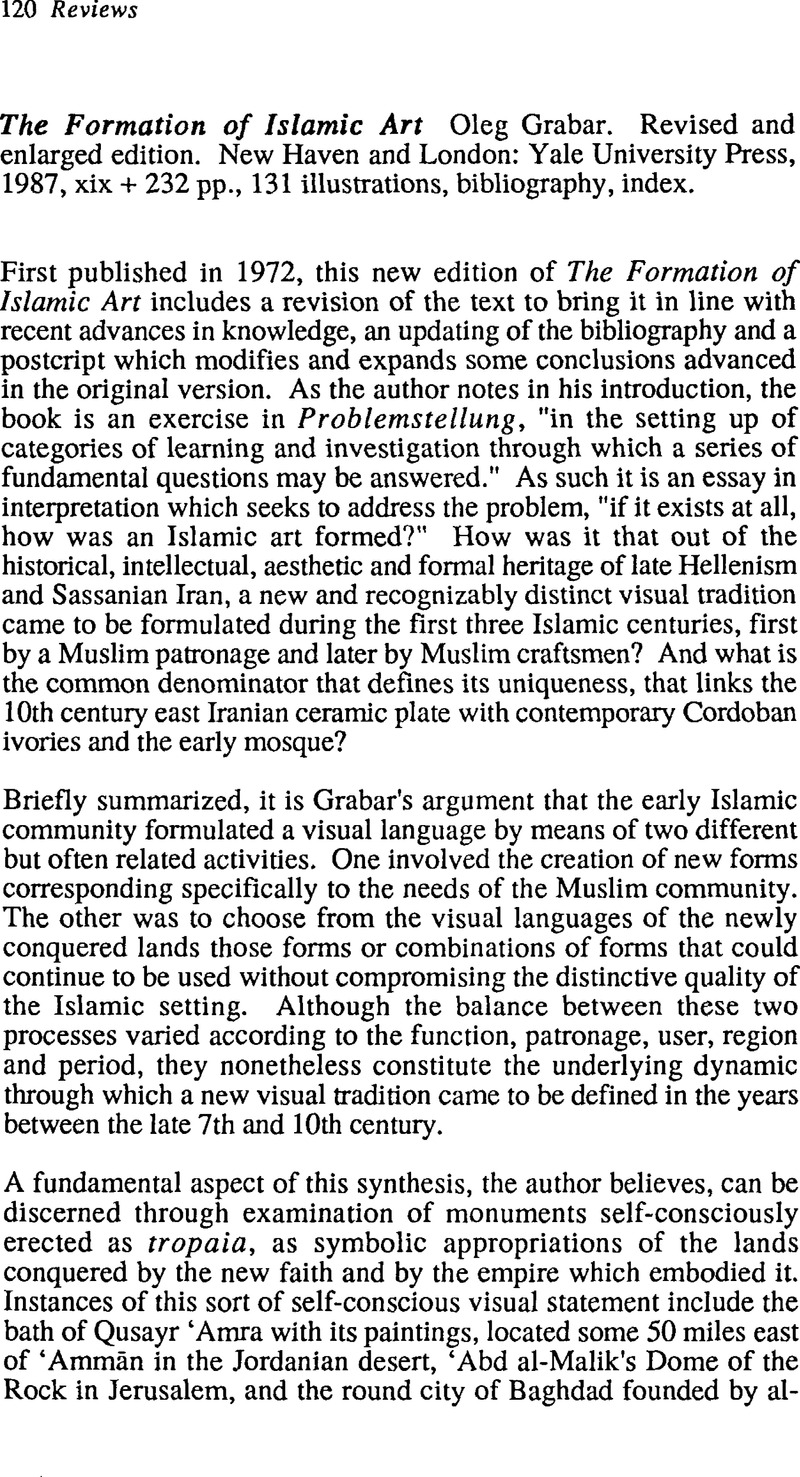 The Formation of Islamic Art Oleg Grabar. Revised and enlarged edition ...