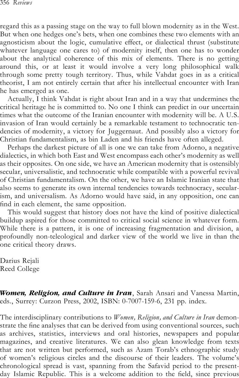 Women, Religion, and Culture in Iran, Sarah Ansari and Vanessa Martin ...