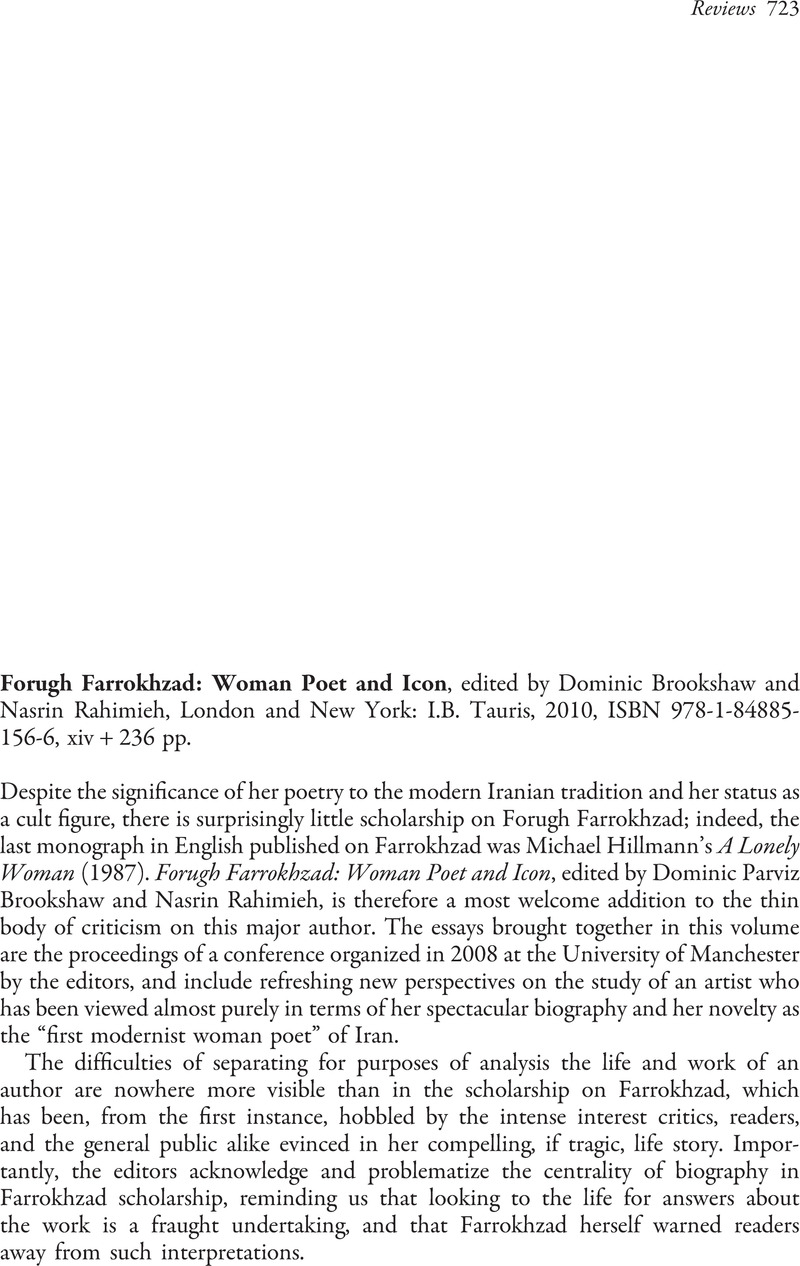Forugh Farrokhzad: Woman Poet and Icon, edited by Dominic Brookshaw and ...