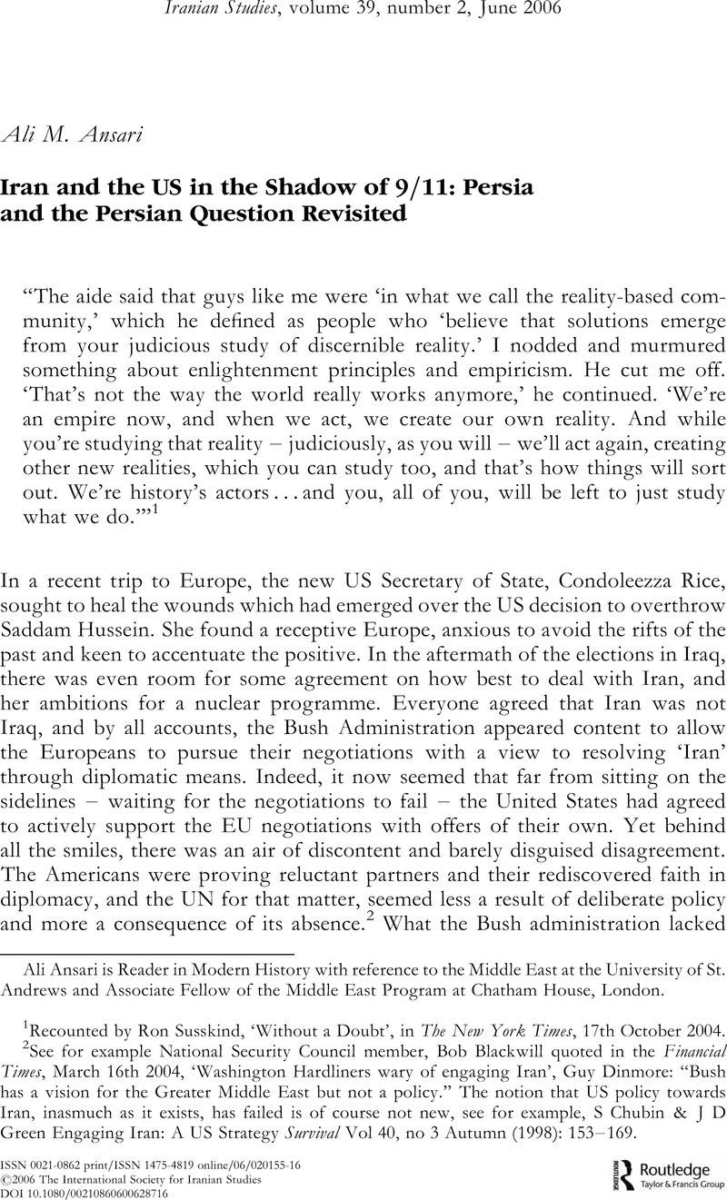 Iran and the US in the Shadow of 9/11: Persia and the Persian Question ...