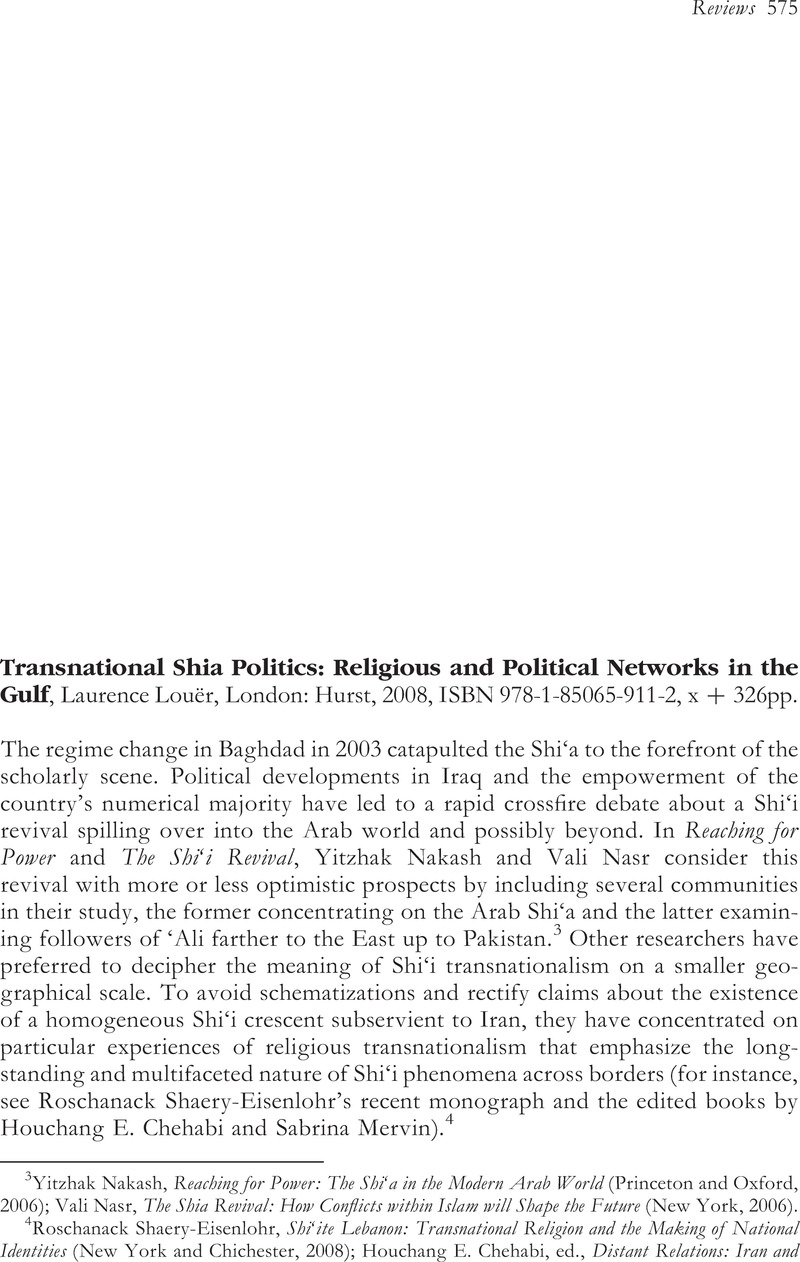 Transnational Shia Politics: Religious and Political Networks in the ...