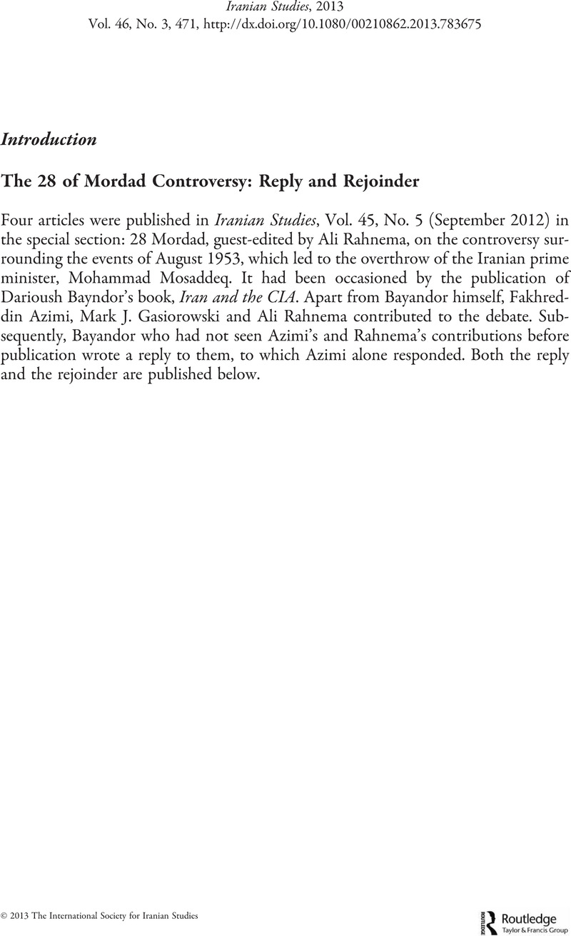 Introduction: The 28 of Mordad Controversy: Reply and Rejoinder ...