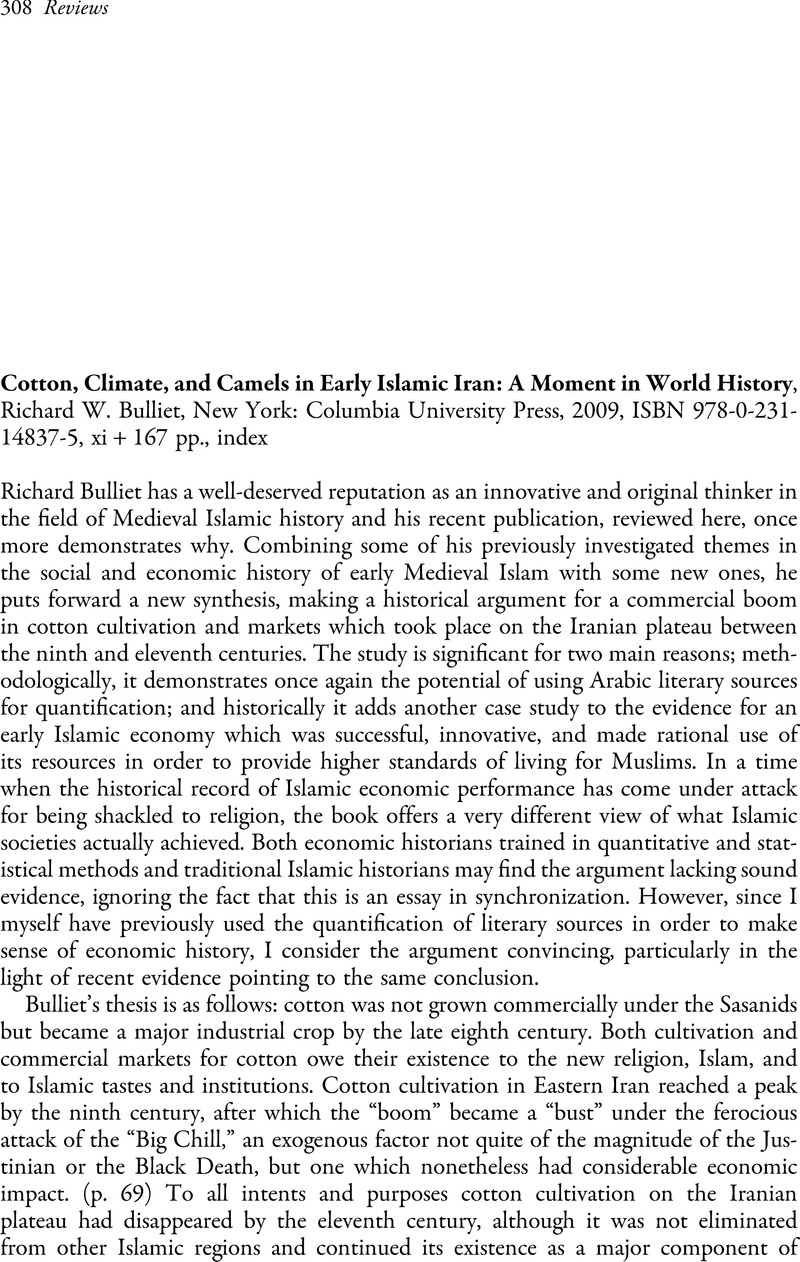 Cotton, Climate, and Camels in Early Islamic Iran: A Moment in World ...