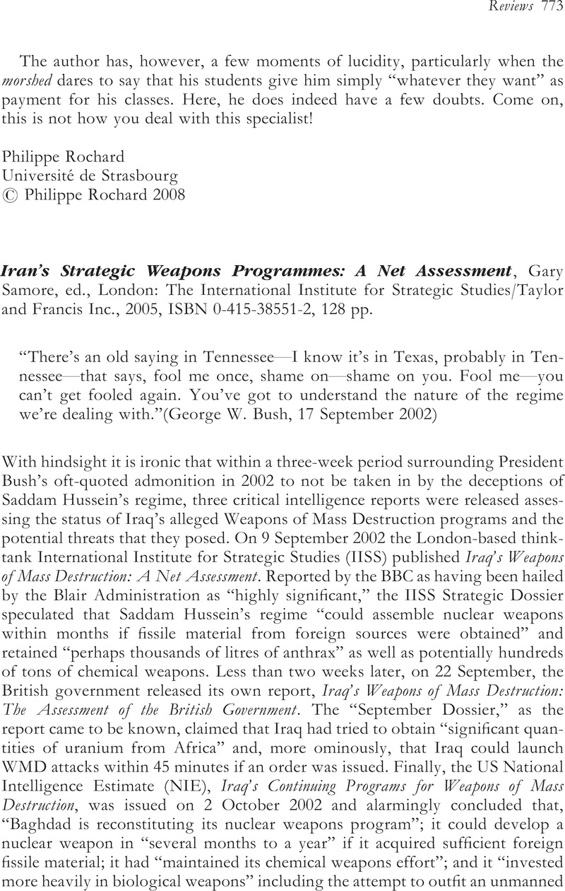 Iran's Strategic Weapons Programmes: A Net Assessment, Gary Samore, ed ...