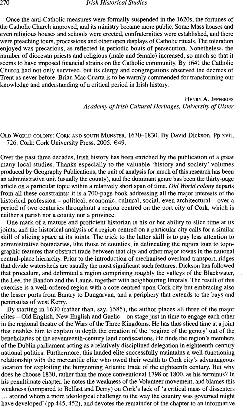 Old World colony: Cork and south Munster, 1630–1830. By David Dickson ...