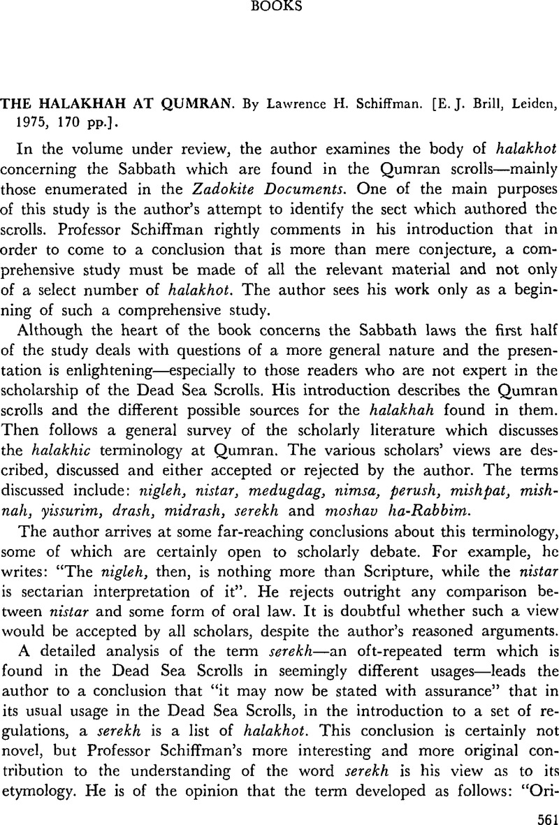 The Halakhah at Qumran. By Lawrence H. Schiffman. [E. J. Brill, Leiden ...