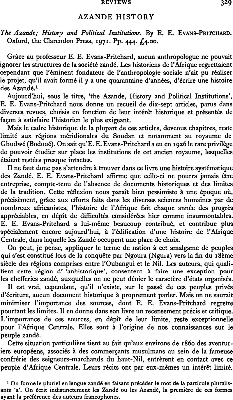 Azande History - The Azande; History and Political Institutions. By E ...