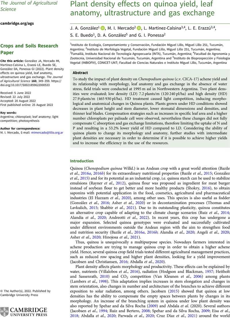 Plant density effects on quinoa yield, leaf anatomy, ultrastructure and ...