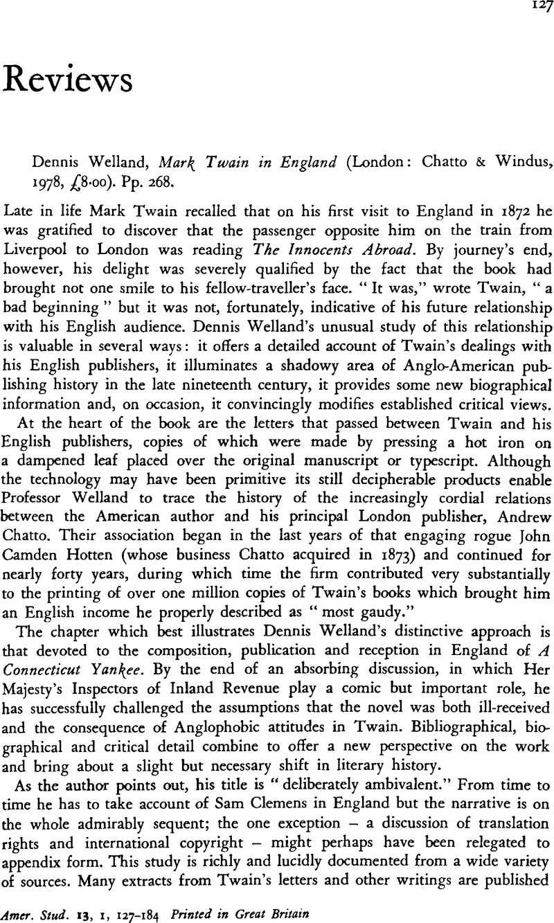 Dennis Welland, Mark Twain in England (London: Chatto & Windus, 1978, £ ...