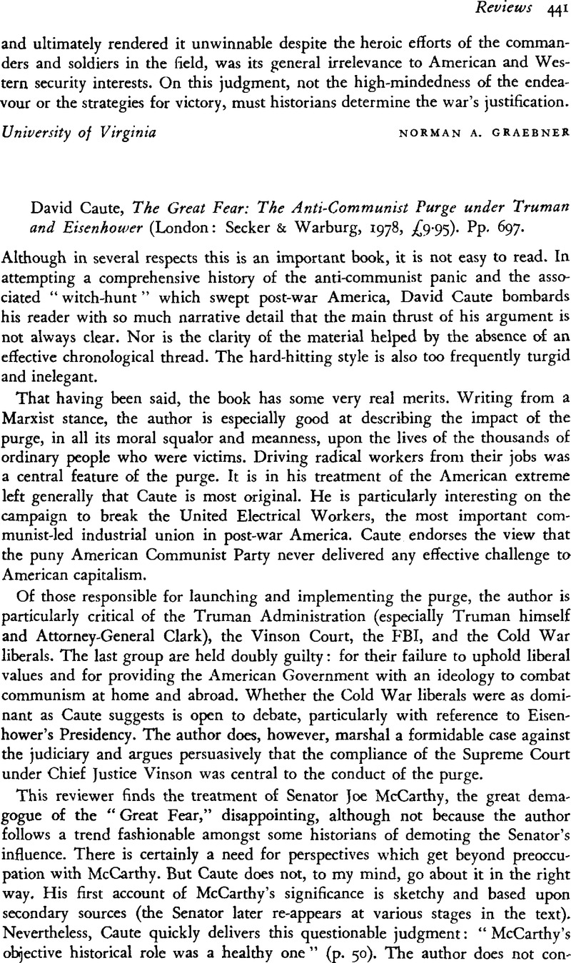 David Caute, The Great Fear: The Anti-Communist Purge under Truman and ...