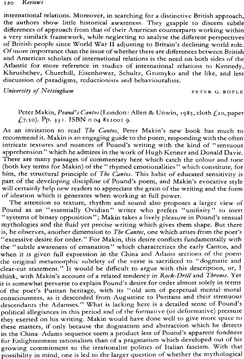 Peter Makin, Pound's Cantos (London: Allen & Unwin, 1985, cloth £20 ...